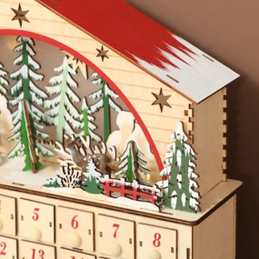 HOMCOM Adventní kalendář k naplnění 24 zásuvky přihrádky, vánoční kalendář s LED světly, přírodní dřevo, 36 x 10 x 34 cm