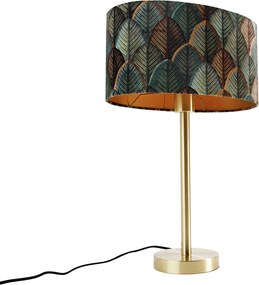 Stolní lampa mosazná s oválným sametovým stínidlem s motivem listů 35 cm - Simplo
