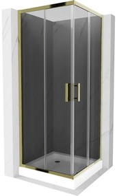 Mexen Rio, čtvercový sprchový kout s posuvnými dveřmi 70 (dveře) x 70 (dveře) x 190 cm, 5mm šedé sklo, zlatý profil + bílá sprchová vanička RIO, 860-070-070-50-40-4510