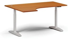Výškově nastavitelný stůl OBOL, elektrický, 675-1325 mm, rohový levý, deska 1800x1200 mm, bílá zaoblená podnož, třešeň