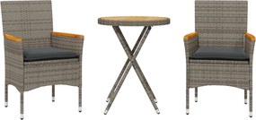 3dílný bistro set s poduškami šedý polyratan a akácie 3278754
