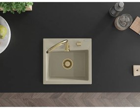 Mexen Milo, granitový dřez 435x410x171 mm, 1-komorový, béžová se zlatým sifonem, 6505441000-69-G