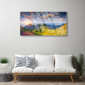 Obraz na skle Hory Slunce Louka Krajina 120x60 cm