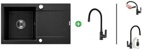 Invena Tesalia, 1-komorový granitový dřez s odkapávačem 760x440x160 mm a kuchyňskou baterií Joga Plus s flexibilním ramenem + chromový automatický sifon, INV-AZ-01-043-SET