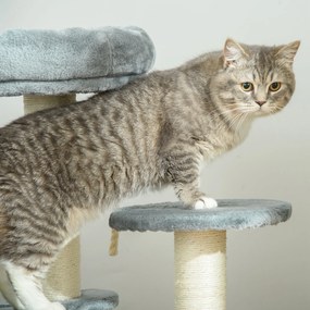Kočičí strom PawHut s houpací sítí, 3-podlažní hrací strom s kočičími pelíškem, škrabací sloup s odpočinkovou platformou, sisalové sloupy, šedý Ø40 x…