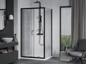 Mexen APIA, sprchový kout s posuvnými dveřmi 130 (dveře) x 80 (stěna) cm, 5mm čiré sklo, černý profil + bílá sprchová vanička, 840-130-080-70-00-4010B
