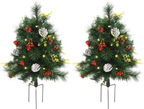 HOMCOM Sada 2 vánočních stromků, umělý mini vánoční stromek s LED světly, plast, kov, rozměry 33 x 75 cm, zelená