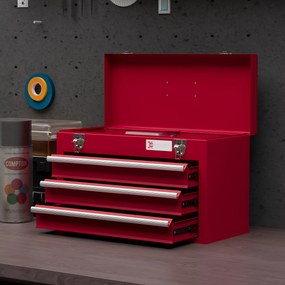 DURHAND box na nářadí prázdný 51x22x32cm se 3 zásuvkami a horní přihrádkou, rukojetí a zámkem, robustní ocelový box na nářadí v červené barvě
