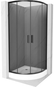 Mexen Rio, čtvrtkruhový sprchový kout s posuvnými dveřmi 90 (dveře) x 90 (dveře) x 190 cm, 5mm šedé sklo, černý profil + Rio sprchová vanička bílá, 863-090-090-70-40-4710