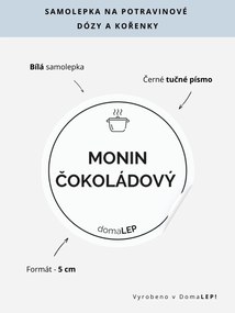 Samolepka na láhev MONIN ČOKOLÁDOVÝ průměr 5 cm – bílá vinylová, voděodolná, omyvatelná samolepka na dózy, tučné písmo