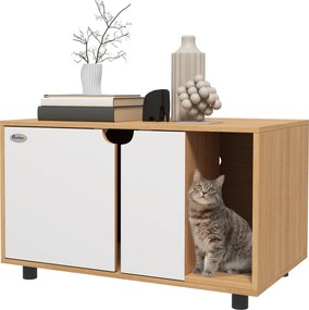 PawHut Kočičí Toaleta, Skrytá Skříňka na Kočkolit, Dveře, Skandinávský Styl, Stolek pro Domácí Zvířata, 2 Větrací Otvory, Podložka proti Úniku Písku,…