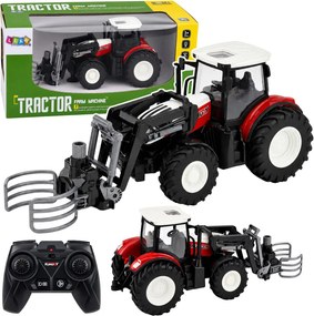 LEAN Toys Zemědělský traktor s držákem na balíky, dálkově ovládaný RC, červený, měřítko 1:24