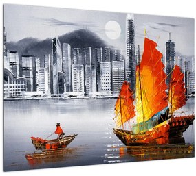 Obraz - Victoria Harbor, Hong Kong, černobílá olejomalba (70x50 cm)