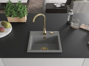 Mexen Milo, granitový dřez 435x410x171 mm, 1-komorový, šedá se zlatým sifonem, 6505441000-71-G