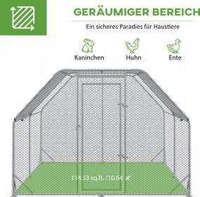 PawHut kurník pro volný výběh pro 10-12 kuřat s dvířky a střechou s vodoodpudivou ochranou proti slunci, Oxford/stříbrná 280x380x195cm | Aosom.de