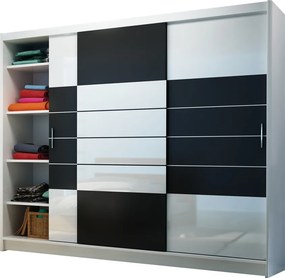 STO Šatní skříň ARUBA 250 cm, Černá / Bílý lesk