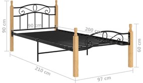 vidaXL Marketos Rám postele černý kov a masivní dubové dřevo 90 x 200 cm