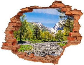 Wallmuralia Díra 3D ve zdi nálepka Řeka v horách 90x70 cm