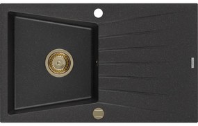 Mexen Cesar, granitový dřez 775x470x190 mm, 1-komorový, černá-stříbrná metalíza se zlatým sifonem, 6514771010-73-G