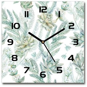 Wallmuralia Skleněné hodiny čtverec Květiy a listí 30x30 cm