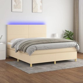 Box spring postel s matrací a LED krémová 180x200 cm textil