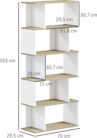 HOMCOM Knihovna v Nordic Stylu s 5 Anti-Tip Policemi, Nosnost 25 kg pro Kancelář a Obývací Pokoj, 70x29,5x163 cm, Dub a Bílá