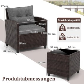 Costway Ratanový set zahradního nábytku, 3dílný balkonový nábytek