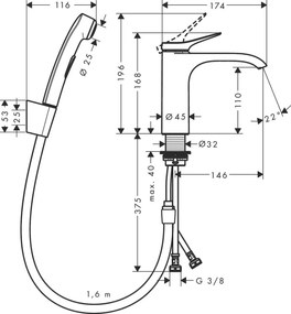 Hansgrohe Vivenis - Páková umyvadlová baterie s ruční sprchou Bidette a sprchovou hadicí 160 cm, chromová, HAN-75210000