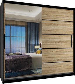 Šatní skříň 200cm Belini černý mat / dub sonoma s posuvnými dveřmi a zrcadlem  MZ SZP1/2/B/DS/0/BL