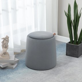HOMCOM otoman 2 v 1 kulatý otoman v šedém sametovém vzhledu s úložným prostorem a odnímatelným víkem Ø44cm x 47,5cm univerzální jako odkládací stolek