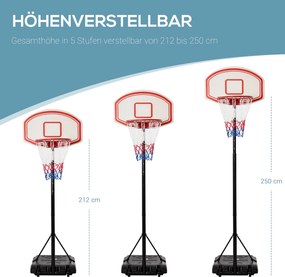 HOMCOM Venkovní basketbalový koš, nastavitelná výška 175-215 cm s kolečky, vnitřní basketbalový koš s podstavcem 71 x 45 cm, dárek pro teenagery