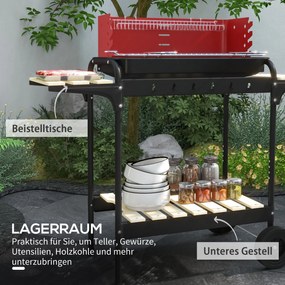 Outsunny Záhradní Kovový Uhlík Gril BBQ Smokery s Kolíky, Nastavitelný Grilovat Výšku, Dřevěná Police, Přenosný Grilový Vozík, BBQ pro Grilování a Ke…
