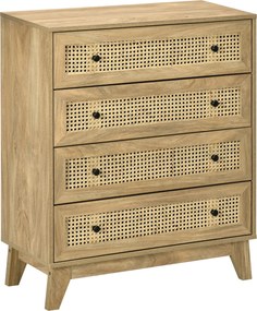 HOMCOM Komoda se 4 šuplíky s ratanovým ratanem 80 x 35 x 95 cm Světlé dřevěné provedení | Aosom