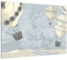 Skleněný obraz - Balóny nad městem, chladné tóny (70x50 cm)