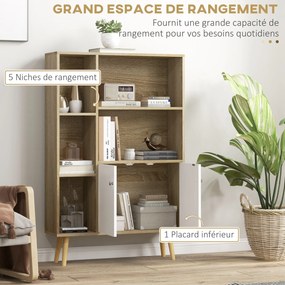 HOMCOM Knihovna v severském stylu z ořechového dřeva, rozměry 80L x 23,5W x 123H cm, 5 polic, skříňka s 2 dveřmi, zúžené nohy ze solidního borového d…