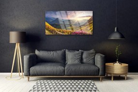 Obraz na skle Hora Louka Slunce Krajina 120x60 cm
