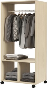 HOMCOM Skříň s kolečky - Otevřený design, organizér s šatní tyčí a policemi pro oblečení do ložnice 60x40x128 cm - Přírodní dřevo
