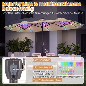 Costway Dvojitý slunečník s klikou a stojanem s 108 LED světly béžové