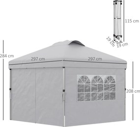 Outsunny Skládací Zahradní Gazebo Pop-up Recepční Stan 3x3 s Nastavitelnou Výškou, Bočními Stěnami, Ventilací, Okny a Taškou na Kolech z Oxfordské Tka