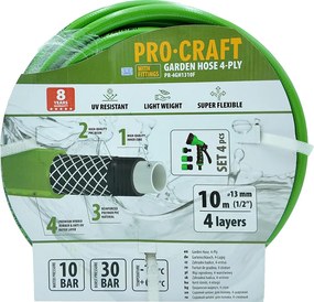 Procraft PR-4GH1310F - zelená zahradní hadice, 4 vrstvy, 1/2", 10m, s příslušenstvím