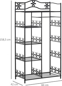 HOMCOM Šatní skříň pro dospělé s 5 policemi, oblečení a šatní tyčí, 84L x 42W x 159H cm, kovová černá s 2 bílými závěsy