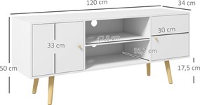 HOMCOM TV Stánek do Obývacího Pokoje s 2 Dveřmi a 2 Úložnými Policemi pro Televize do 55 Palců, 120x34x50 cm, Bílý