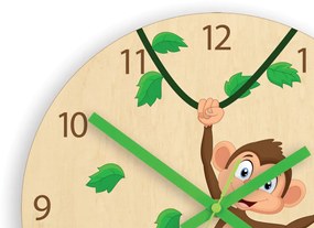 M.Clock Nástěnné dětské dřevěné hodiny opička tiché 30cm bříza