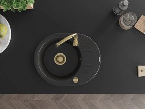 Mexen Kevin, granitový dřez 586x458x190 mm, 1-komorový, černá-stříbrná metalíza se zlatým sifonem, 6517581005-73-G