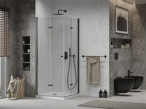 Mexen Lima Duo, sprchový kout s 2-křídlými skládacími dveřmi 80 (dveře) x 80 (dveře) cm, 6mm čiré sklo, černý profil + slim sprchová vanička 5cm bílá s černým sifonem, 856-080-080-70-02