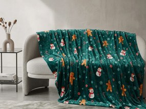 Vánoční mikroplyšová deka SNĚHULÁK A PERNÍČEK zelená Rozměr: 150 x 200 cm
