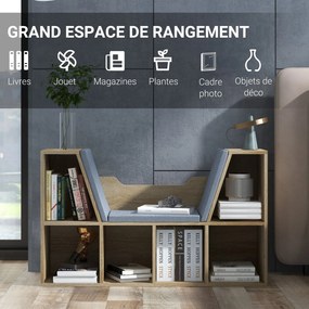 HOMCOM Moderní design 2-v-1 Knihovna s lavičkou s 6 přihrádkami a 3 polštáři Dub šedý 102D x 30Š x 61V cm