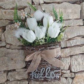 Jarní dekorace bílé květiny 23 × 40 cm, proutí a plast, IP44, venkovní