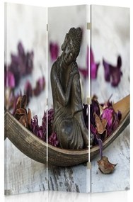 Ozdobný paraván, Buddha ve fialových okvětních lístcích - 110x170 cm, třídílný, obustranný paraván 360°