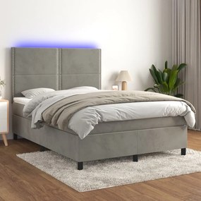 vidaXL Box spring postel s matrací a LED světle šedá 140x190 cm samet